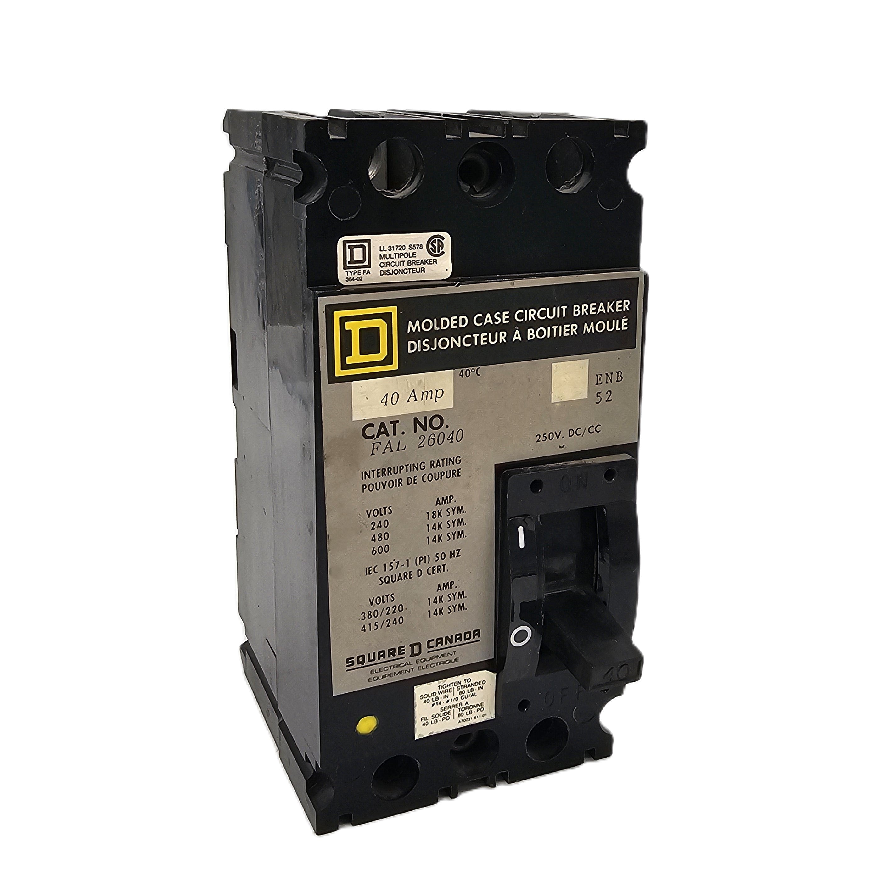 Square D FAL26040 Circuit Breaker 2-Pole, 40 Amp, 600V AC / 250V DC, T ...
